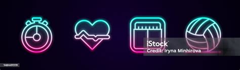 세트 라인 스톱워치 심박수 스포츠 기계식 스코어 보드 및 배구 공 빛나는 네온 아이콘입니다 벡터 배구에 대한 스톡 벡터 아트 및