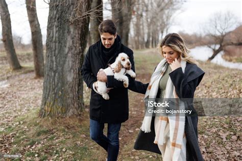 개와 함께 야외에서 즐거운 시간을 보내는 젊은 커플 가을에 대한 스톡 사진 및 기타 이미지 가을 겨울 남자 친구 Istock