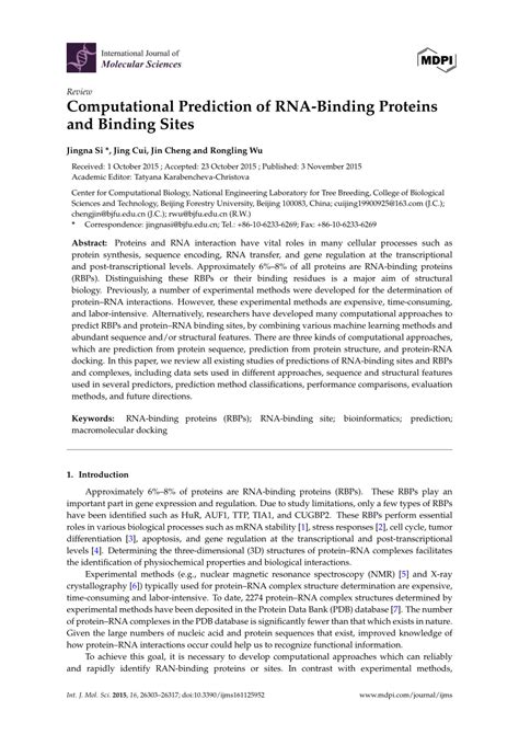 Pdf Computational Prediction Of Rna Binding Proteins And Binding Sites