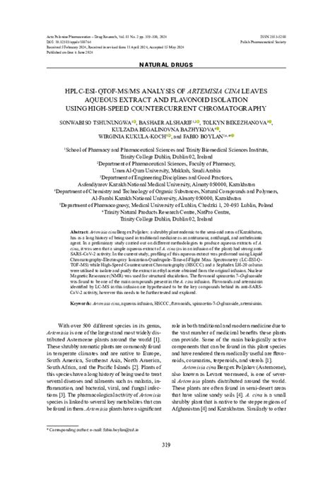 Pdf Hplc Esi Qtof Ms Ms Analysis Of Artemisia Cina Leaves Aqueous Extract And Flavonoid