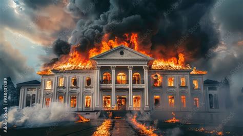 A Large White Mansion Is Engulfed In Flames With Smoke Billowing Into