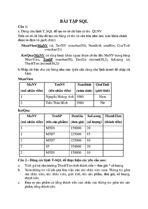 BTL SQL Luyện tập bài tập SQL BÀI TẬP SQL Câu a Dùng câu lệnh T SQL để tạo cơ sở dữ liệu