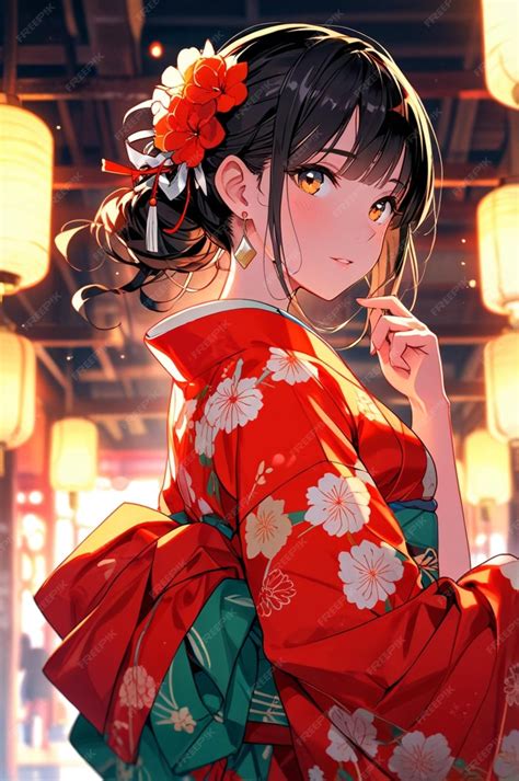 Anime Girl In A Kimono With A Red Kimono Premium Ai Generated Image