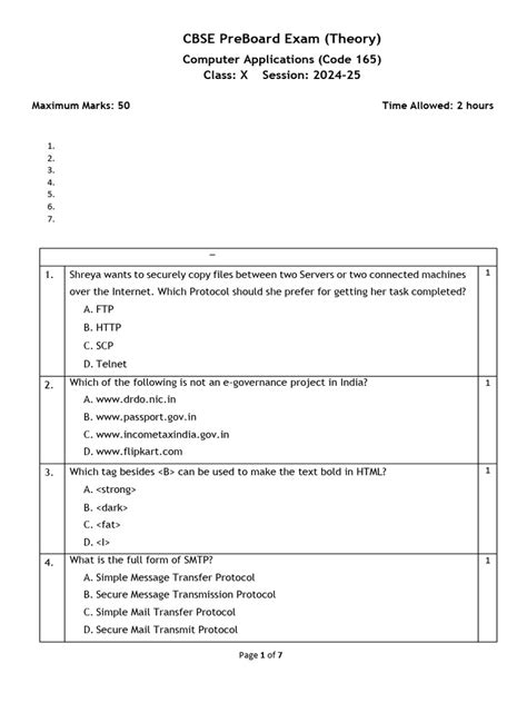 Class 10th Computer Application Preboard Pdf World Wide Web