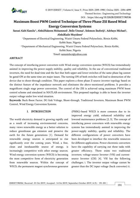 Pdf Maximum Boost Pwm Control Technique Of Three Phase Zsi Based Wind