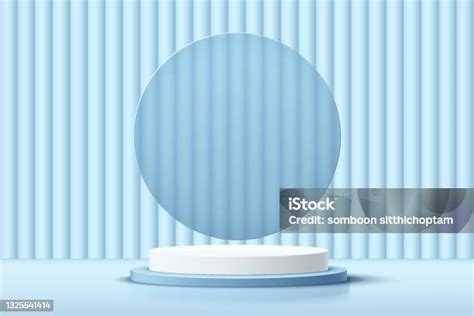 블루 글래스 원을 배경으로 한 현대적인 화이트 실린더 받침대 연단 추상 파스텔 블루 컬러 최소 벽 장면과 세로 선 질감 벡터 렌더링 3d 모양 제품 디스플레이 프리젠 테이션