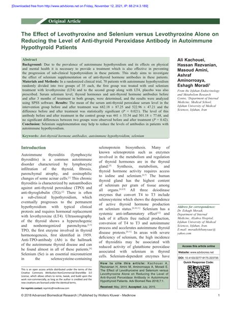 Pdf Effect Of Selenium Enriched Yeast Supplementation On Serum