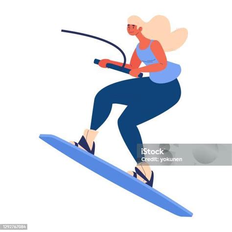 흰색에 고립 된 웨이크 보드를 타고 여자 극단적 인 스포츠를하는 미소 만화 여성 캐릭터 건강한 생활방식에 대한 스톡 벡터 아트