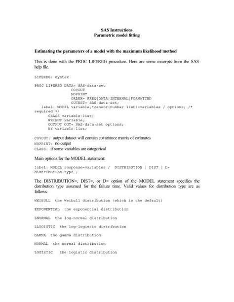 Fitting A Parametric Model With Sas