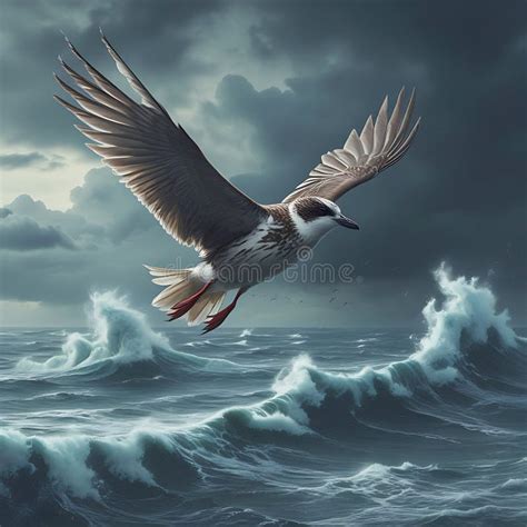 Seagull With Red Feet Flying Over Rough Ocean Waves And Dark Clouds