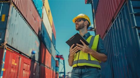 The Worker In Shipping Container Yard Premium AI Generated Image