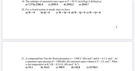 Solved 19 The Enthalpy Of Saturated Water Vapor At T 50