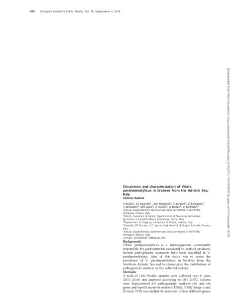 Pdf Occurrence And Characterization Of Vibrio Parahaemolyticus In