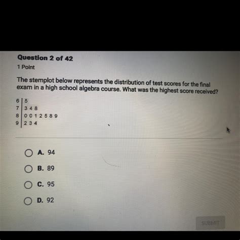 The Stemplot Below Represents The Distribution Of The Test Scores For The Final Exam In A High