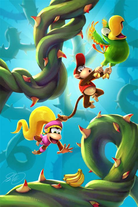 Supper Mario Broth Artwork Of Dixie Kong Diddy Kong And Squawks To