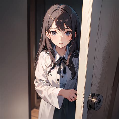Anime Girl Standing In Doorway With Open Door And Looking At Camera