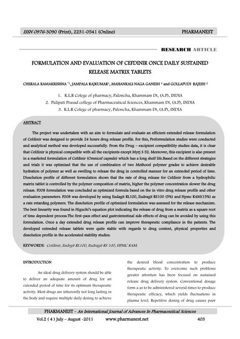 Pdf Formulation And Evaluation Of Cefdinir Once Daily Sustained Release Matrix Tablets