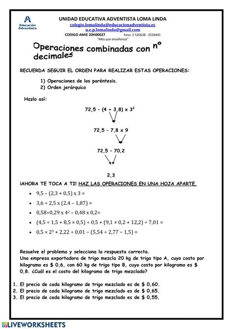 Operaciones Combinadas Con Decimales Exercise Live Worksheets