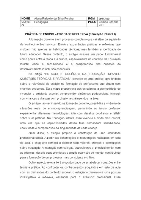 Prática De Ensino Atividade Reflexiva Educação Infantil I Nome