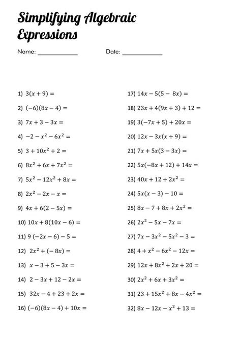 Simplifying Algebra Worksheets Algebraic Expressions Simplifying
