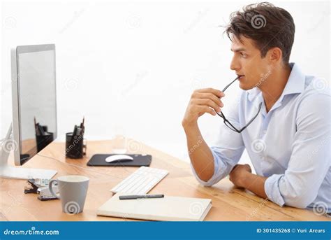 Web Design Thinking Or Man With Computer Reading Information For