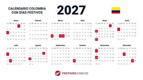 Calendario De Colombia 2027 Con Festivos