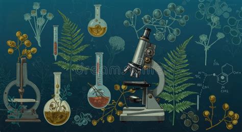 Scientific Illustration With Microscope Beakers And Botanical Elements In A Lab Setting Stock