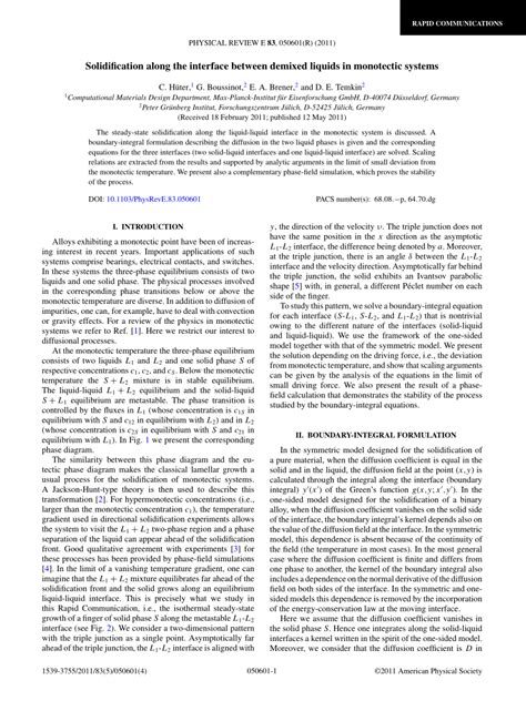 Pdf Solidification Along The Interface Between Demixed Liquids In