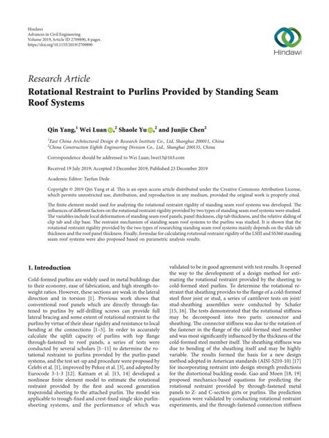 Pdf Rotational Restraint To Purlins Provided By Standing Seam
