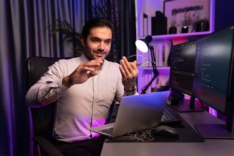 Serious Smart It Developer Meeting Via Application Team Record Laptop