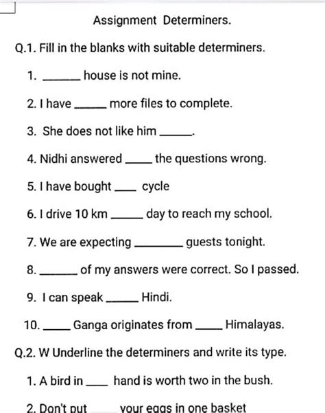 Assignment Determiners Q1 Fill In The Blanks With Suitable Determiners