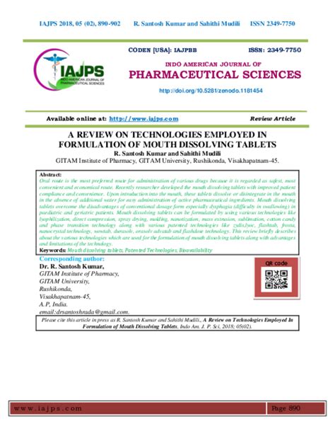Pdf A Review On Technologies Employed In Formulation Of Mouth Dissolving Tablets