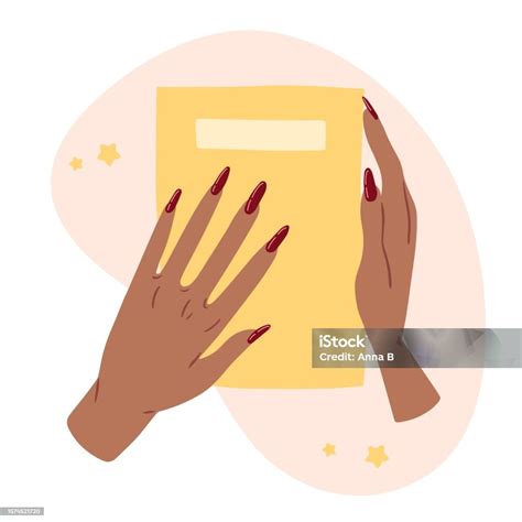 빨간 매니큐어를 바른 손톱을 가진 여성의 손이 일기장을 들고 있다 손톱 디자인 아름다움의 개념입니다 손으로 그린 컬러 현대 벡터 일러스트레이션은 흰색 배경에 분리되어 있다