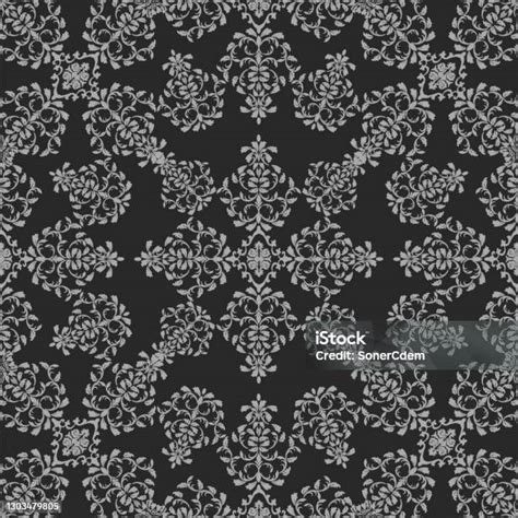 벡터 일러스트레이션 다크 그레이 배경에 다마스크 라이트 그레이 플로럴 패턴 그리기 동양 문화 예술 0명에 대한 스톡 벡터 아트 및 기타 이미지 Istock