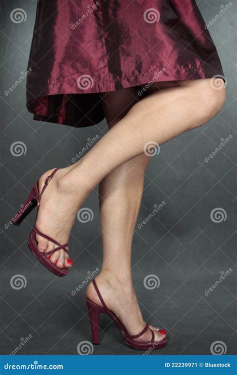 Woman Dress Legs Red Shoes On Grey Stock Image Image Of Skin Heels