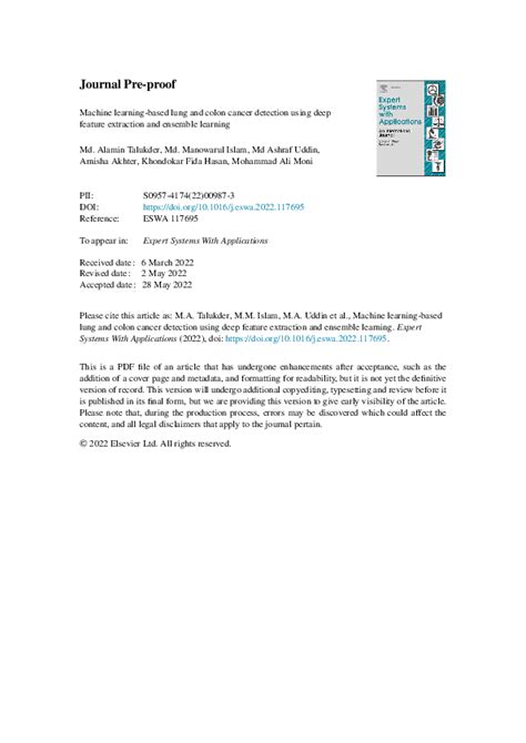 Pdf Machine Learning Based Lung And Colon Cancer Detection Using Deep Feature Extraction And