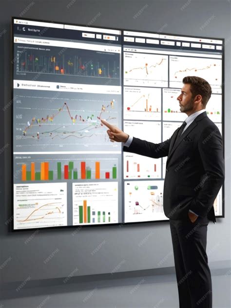 a man in a suit stands in front of a large screen with a graph showing