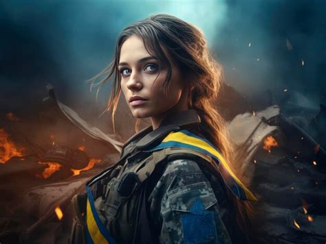 Linda jovem ucraniana em roupas militares nacionais no contexto da devastação da guerra Foto