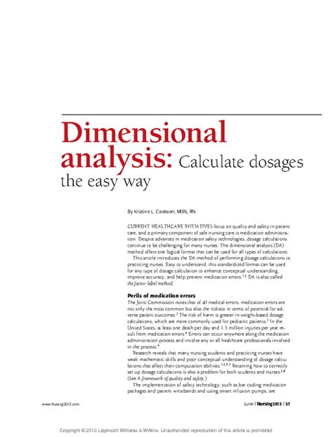 Dimensional Analysis Calculate Dosages The Easy Way Nursing2013 June L Nursing2013 L 57