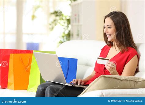 Happy Shopper Paying with Card on Laptop at Home Stock Image - Image of ...