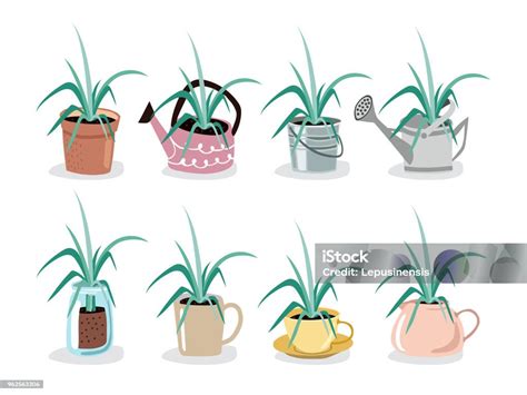 냄비에 식물의 세트 벡터 평면 그림 고립 디자인을 위한 다채로운 냄비입니다 0명에 대한 스톡 벡터 아트 및 기타 이미지 0명 귀여운 꽃 식물 Istock