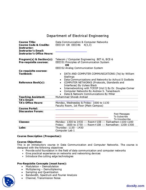 Course Outline Data Communication And Networks Handout Docsity