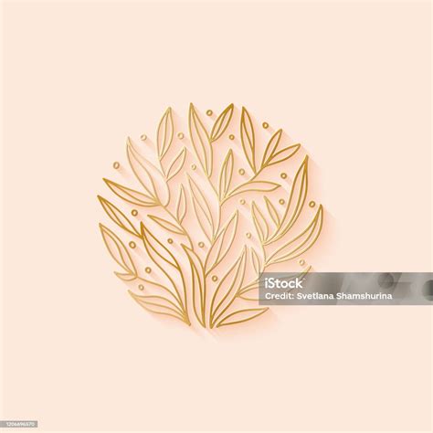 꽃 식물 로고 디자인 윤곽선 엠블럼 브랜치와 선형 스타일의 원에 나뭇잎 천연 물 꽃집 화장품 생태 건강 스파의 디자인을위한 벡터 황금 추상 배지 건강한 생활방식에 대한 스톡