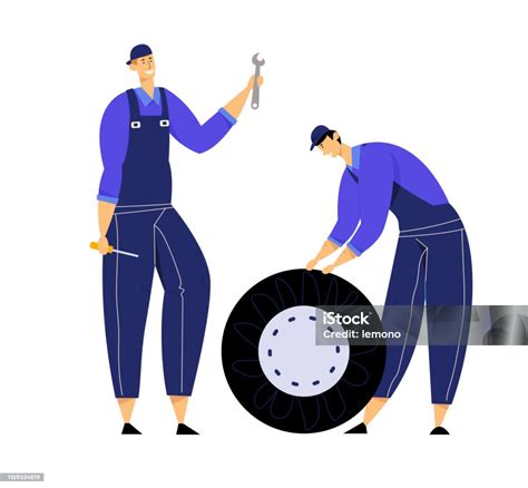 자동차 바퀴 렌치 및 드라이버를 들고 파란색 바지옷을 입은 역학 손에 악기를 가진 수리 서비스 직원 자동 검사 및 유지 보수