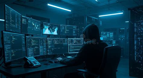 person coding at multiple computer screens in dark room stock