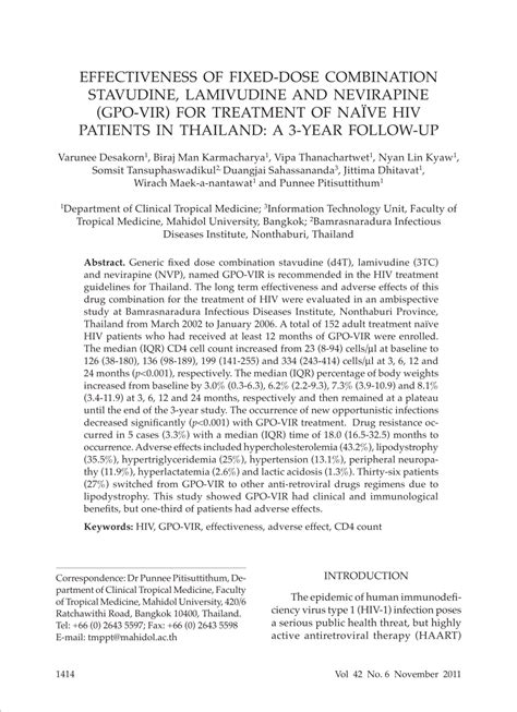 Pdf Effectiveness Of Fixed Dose Combination Stavudine Lamivudine And Nevirapine Gpo Vir For
