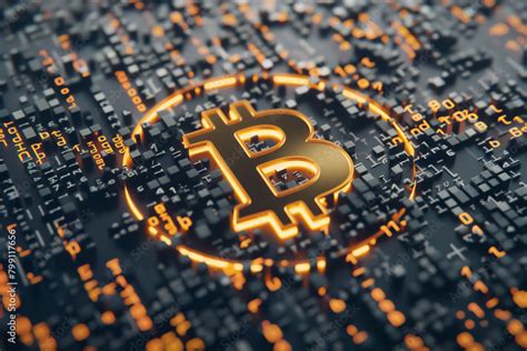 bitcoin iconography etched into a matrix of binary code representing