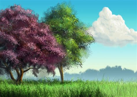 Digital Drawing Of A Grassy Field With Two Trees And A Hill In The