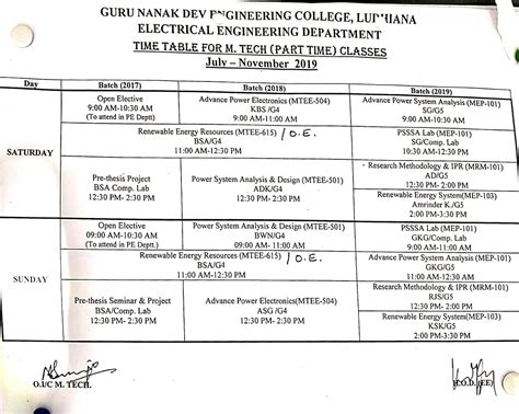 Time Tables Department Of Electrical Engineering