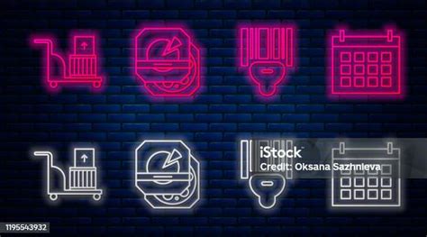 골판지 상자에 설정 라인 피자 스캐너 스캔 바코드 전기 손 트럭과 상자 및 달력 벽돌 벽에 빛나는 네온 아이콘입니다 벡터 구매에